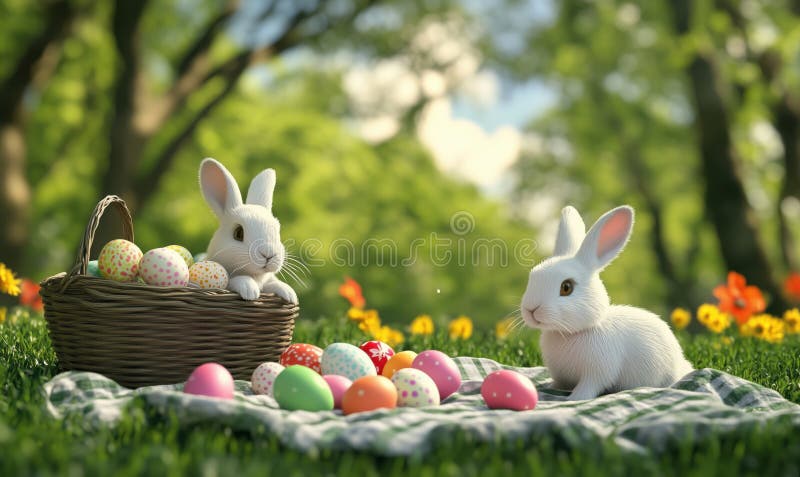 Cute Rabbits with Colorful Easter Eggs in a Sunny Garden Setting Stock ...