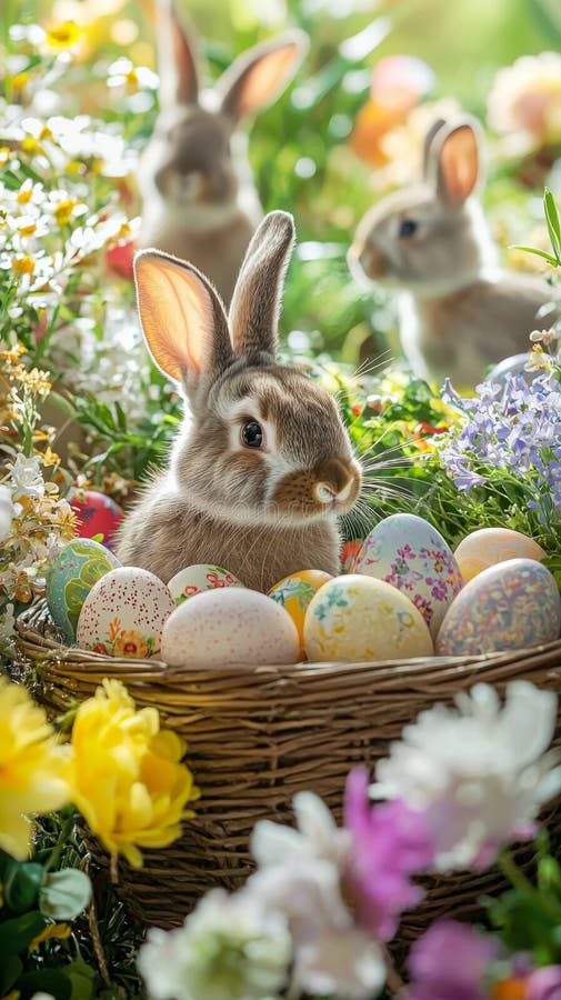 Cute Rabbits among Colorful Easter Eggs in a Vibrant Garden Setting ...