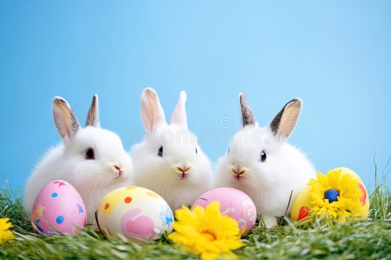 Cute Rabbits with Colorful Eggs in Spring Setting Stock Photo - Image ...