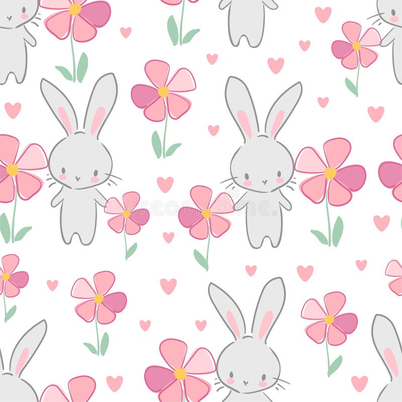 Cute Rabbits and Flower Pink Background Vector Seamless Pattern Stock ...