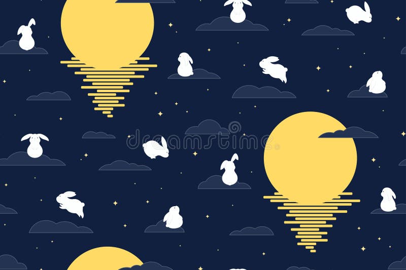 Cute Rabbits, Full Moon, Clouds Seamless Pattern Stock Vector ...