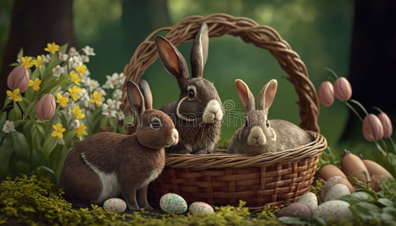 Cute Rabbits Gathering Around an Easter Basket Filled with Chocolate ...