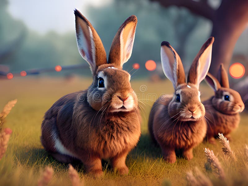 Cute Rabbits on Grass Field, Ai Generated Stock Illustration ...