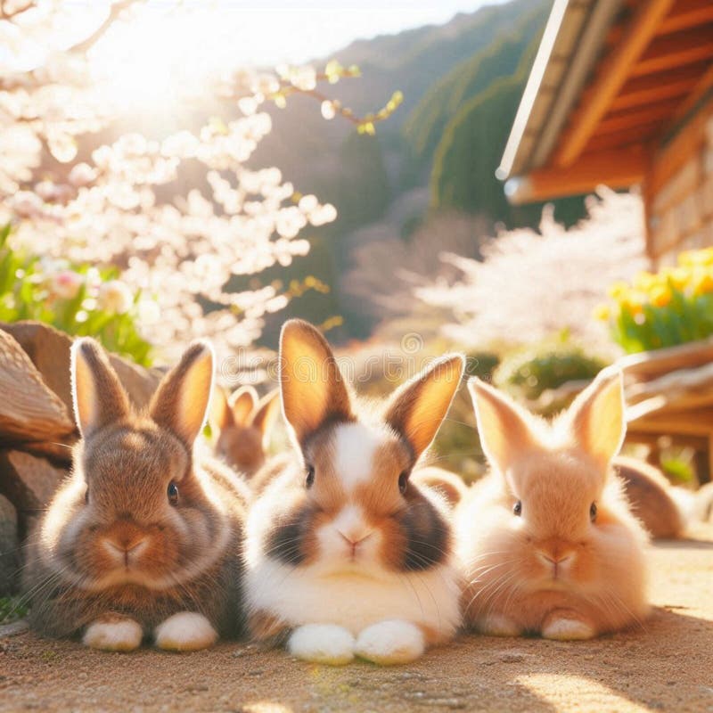 Cute Rabbits Looking at Camera View with Cherry Blossoms Stock Image ...