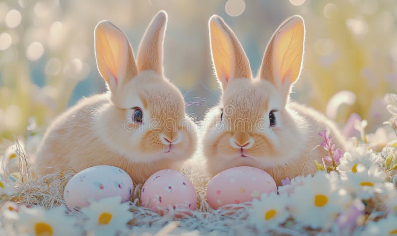 Cute Rabbits with Pastel Easter Eggs Surrounded by Flowers in Spring ...