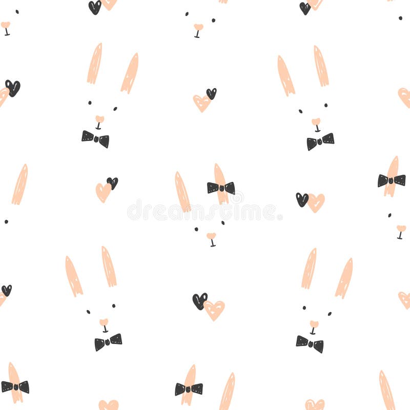 Cute Rabbits Seamless Pattern. Vector Doodle Bunny Illustration Stock ...