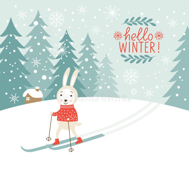 Cute rabbits skis stock vector. Illustration of card - 44887520