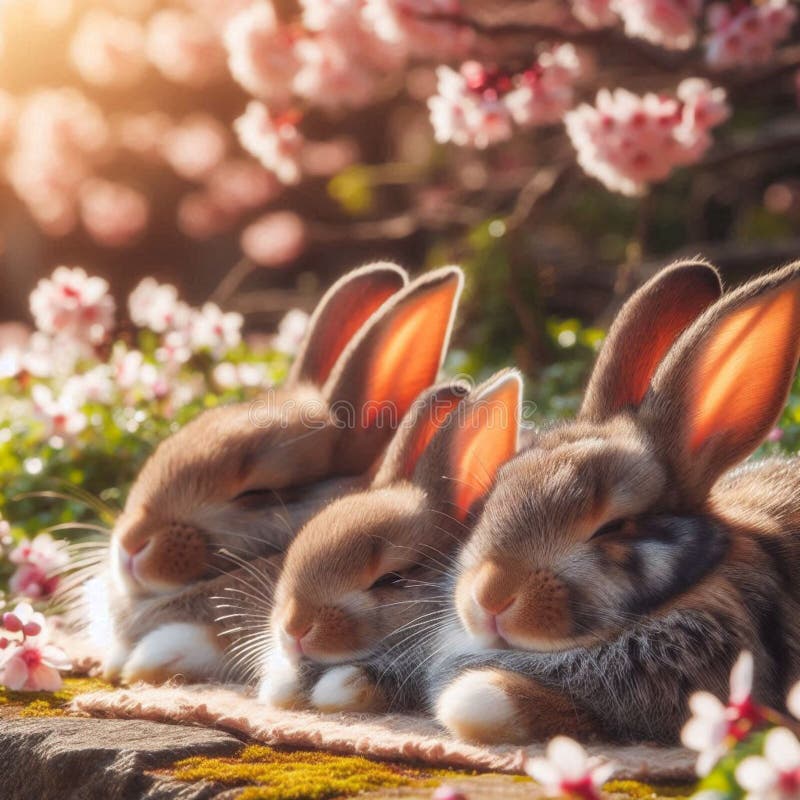 Cute Rabbits Sleeping with Cherry Blossoms Stock Photo - Image of ...