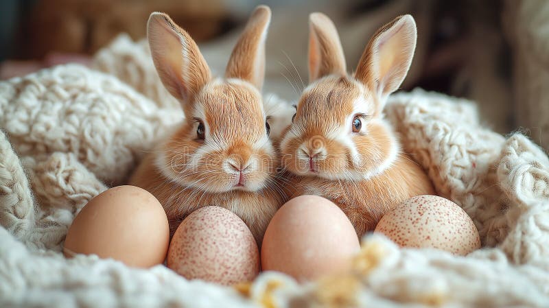Cute Rabbits Snuggled in Plaid with Eggs Stock Photo - Image of cute ...