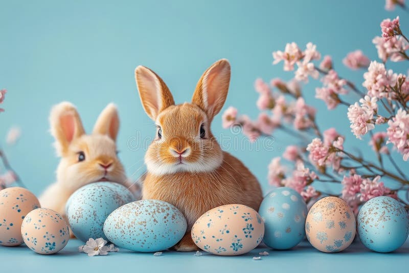 Cute Rabbits Surrounded by Decorative Easter Eggs and Pastel Flowers ...
