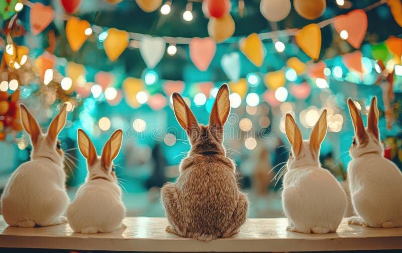 Cute Rabbits on a Table with Decorative Lights, Perfect for an Easter ...
