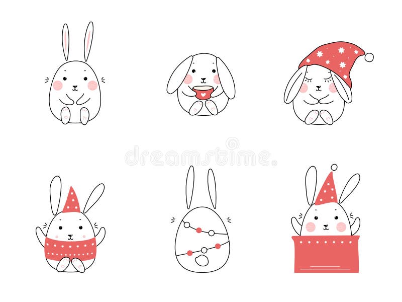 Cute Rabbits Vector Illustrations. Christmas Bunnies Set Stock Vector - Illustration of rabbit ...