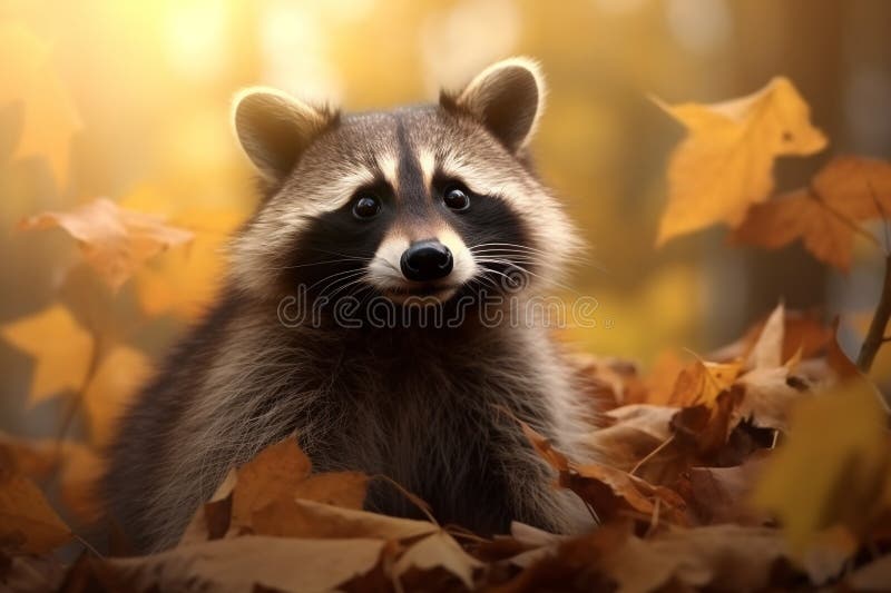 Cute Raccoon in the Autumn Forest with Autumn Leaves Stock Illustration ...