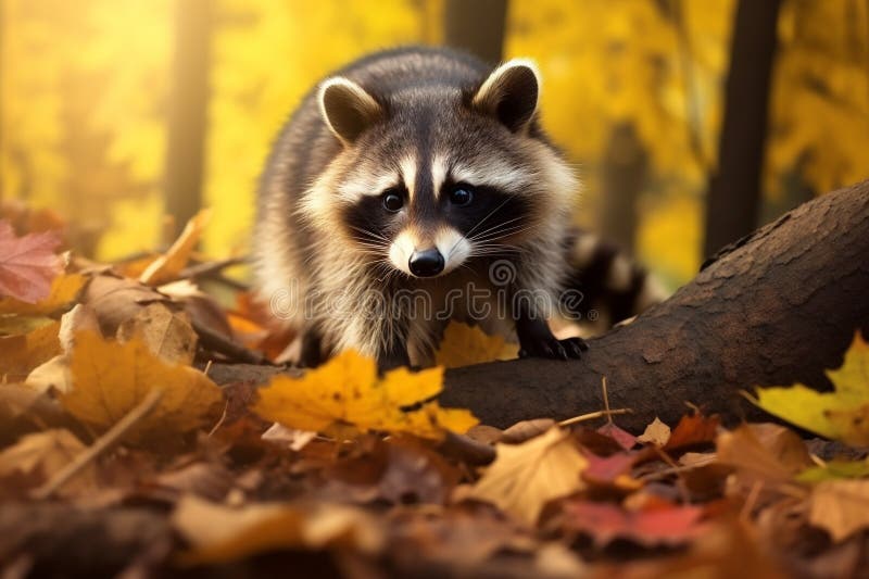 Cute Raccoon in the Autumn Forest with Autumn Leaves Stock Illustration ...