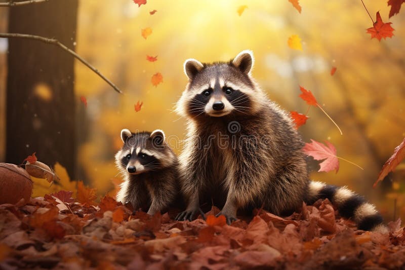 Cute Raccoon in the Autumn Forest with Autumn Leaves Stock Illustration ...