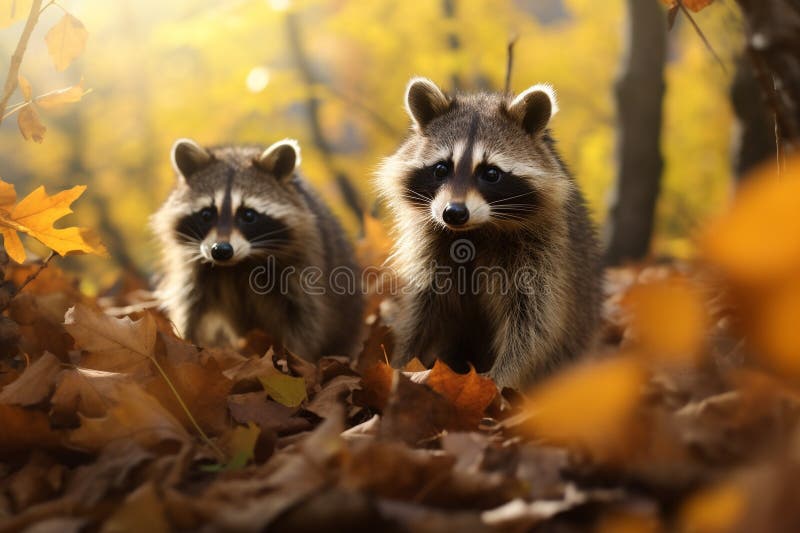 Cute Raccoon in the Autumn Forest with Autumn Leaves Stock Illustration ...