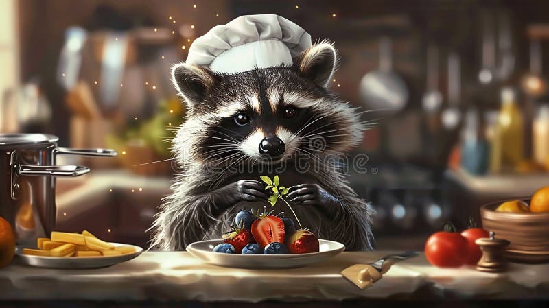 Cute Raccoon Chef Serving Food . Generative Ai Stock Illustration ...