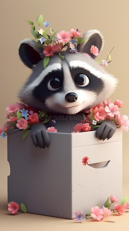 Cute Raccoon with Flowers in the Box. 3d Rendering Stock Illustration ...