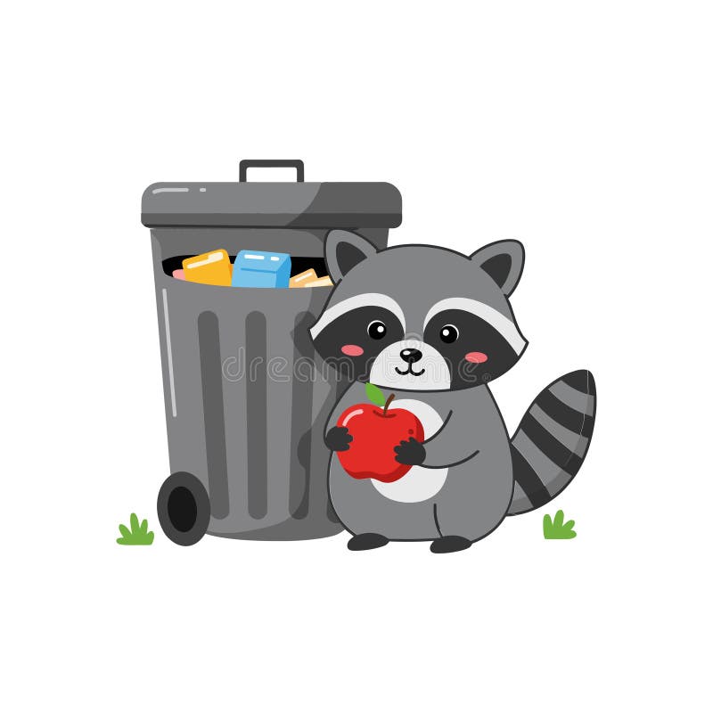 Cute Raccoon Holding an Apple Near a Garbage Bin Vector Art Stock ...