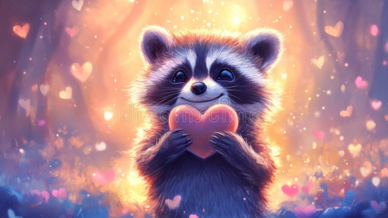 Cute Raccoon Holding Heart in Magical Forest Stock Illustration ...