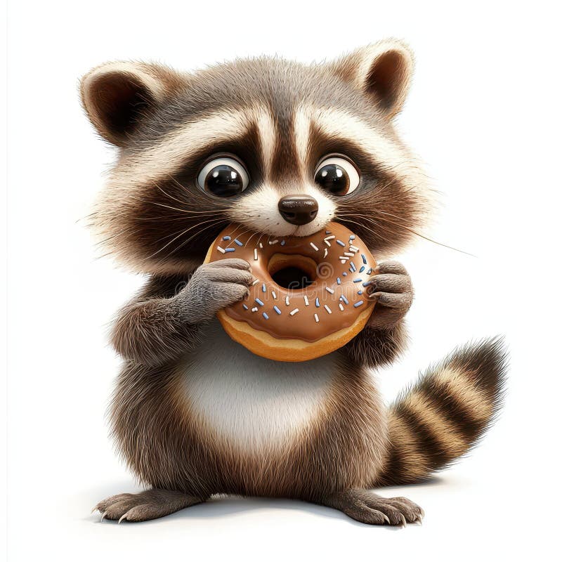 Cute Raccoon Joyfully Eating Donut in Cozy Urban Setting Stock ...