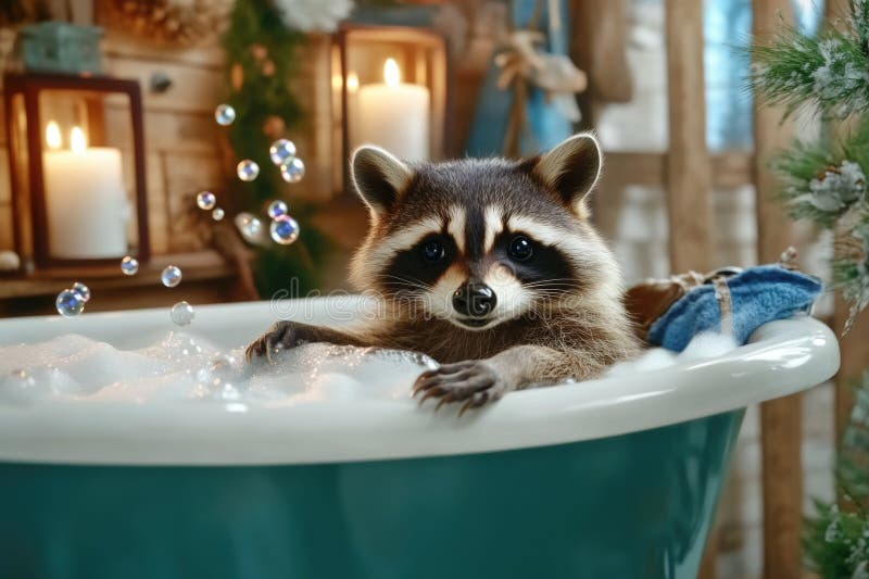 Cute Raccoon Relaxing in a Bubble Bath with Candles and Bubbles in ...