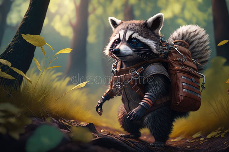 Cute Raccoon Wearing a Backpack and Exploring the Forest with Curiosity ...