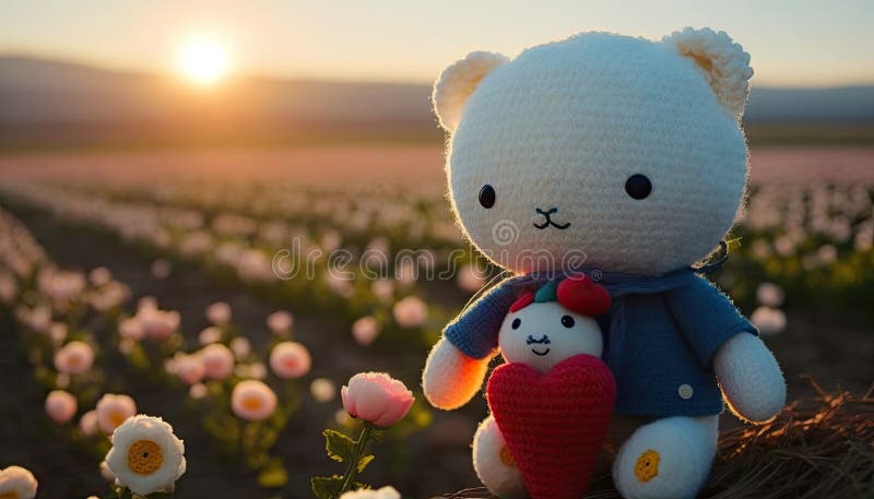 Cute Rag Cat Doll Romantic Canola Field Made with Generative AI Stock ...