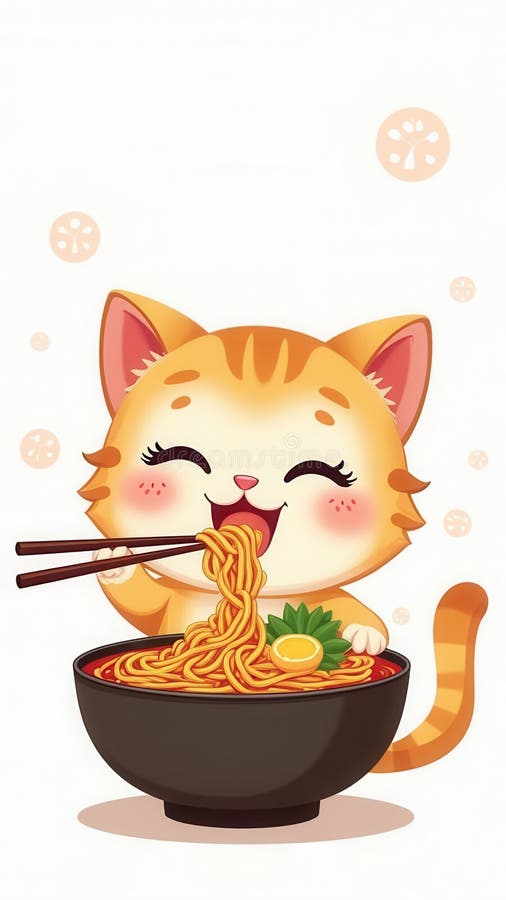 Cute Ramen Noodle Cat with Copy Space Stock Illustration - Illustration ...
