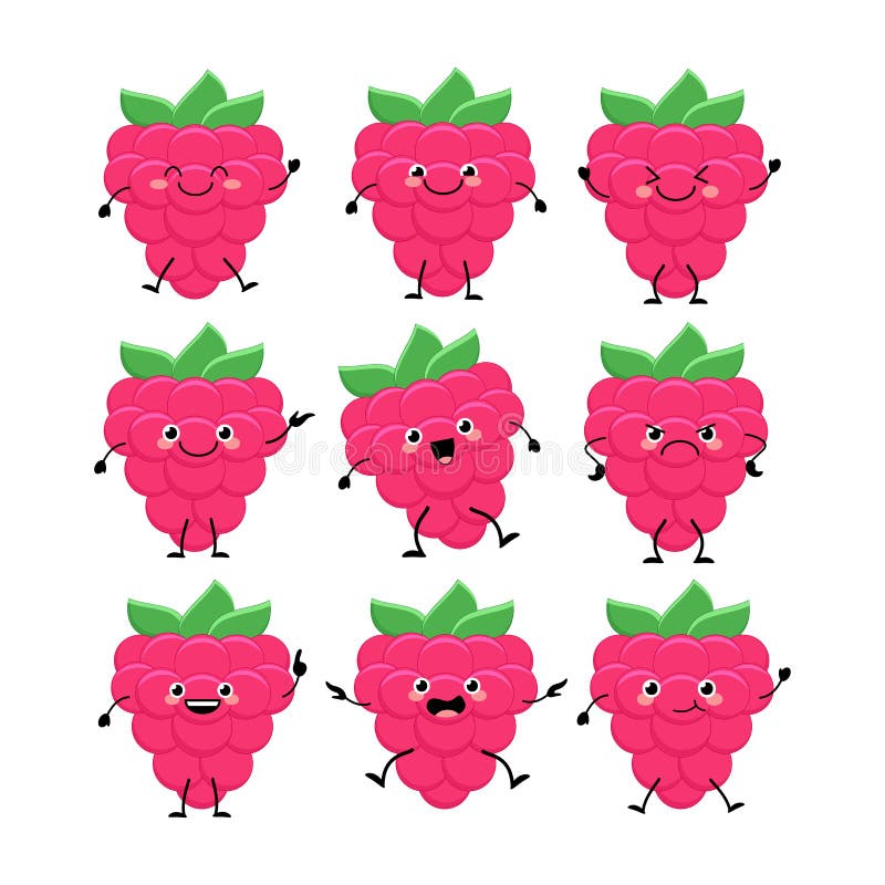 Cute Raspberry Characters Set with Different Emitions Vector Il Stock ...