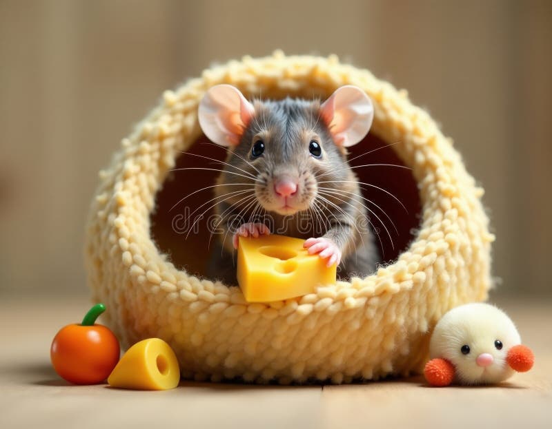 Cute Rat Holding Cheese in Cozy Bed Stock Illustration - Illustration ...