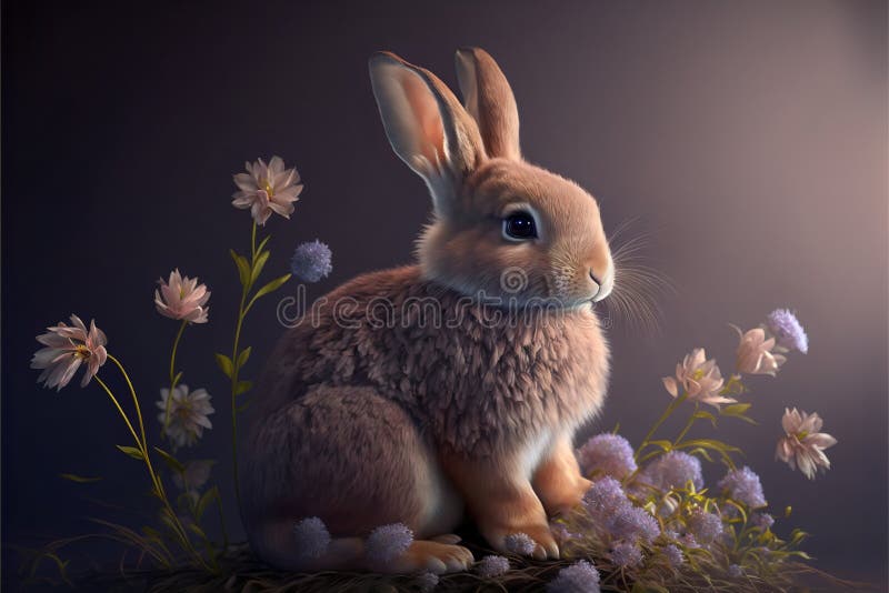 Cute Realistic Easter Bunny on Flowers Background. Stock Illustration ...
