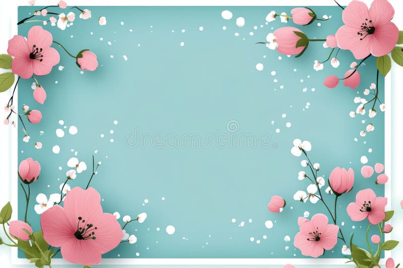 A Cute Rectangular Frame with Pink Cherry Flowers a Blue Background ...