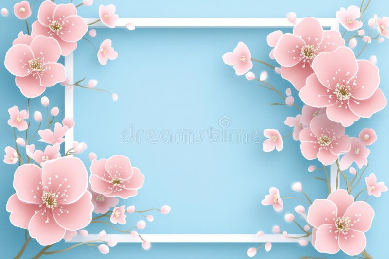 A Cute Rectangular Frame with Pink Cherry Flowers a Blue Background ...