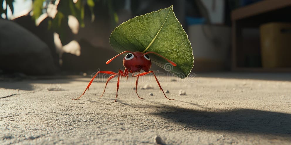 Cute Red Ant Carrying Large Green Leaf Outdoors 3d Bug Art Tiny Work ...