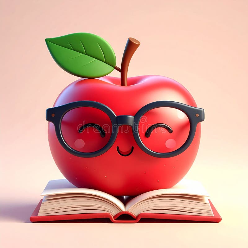 Cute Red Apple Character with Glasses on Open Book Stock Illustration ...