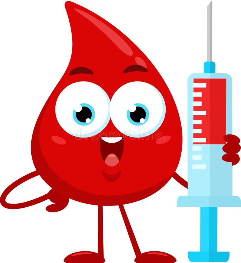 Cute Red Blood Drop Cartoon Character Holding a Syringe Stock Vector ...