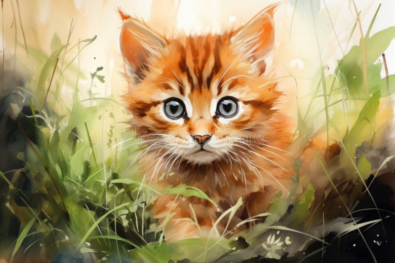 Cute Red Cat in Green Grass, Watercolor Style Stock Photo - Image of ...