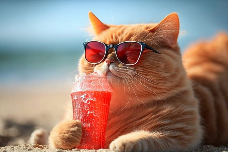 Cute Red Cat with Soda Lying on the Beach Stock Illustration ...