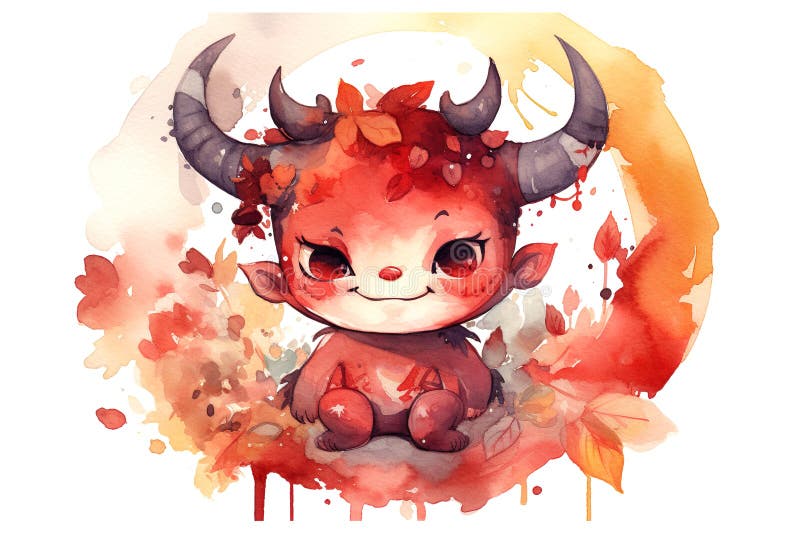 Cute Devil in Watercolor Illustration Stock Illustration - Illustration of fiery, horns: 295645163