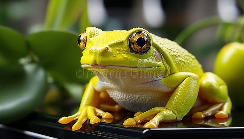 Cute Red Eyed Tree Frog Sitting on Wet Leaf Generated by AI Stock Image ...