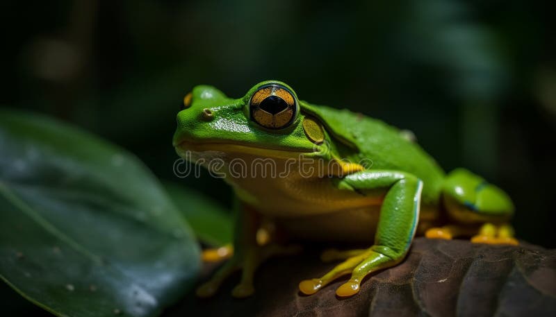 Cute Red Eyed Tree Frog Sitting on Wet Leaf in Tropical Rainforest ...
