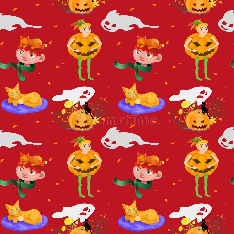 Cute Red Fall Halloween Seampless Pattern with Boy Stock Vector ...