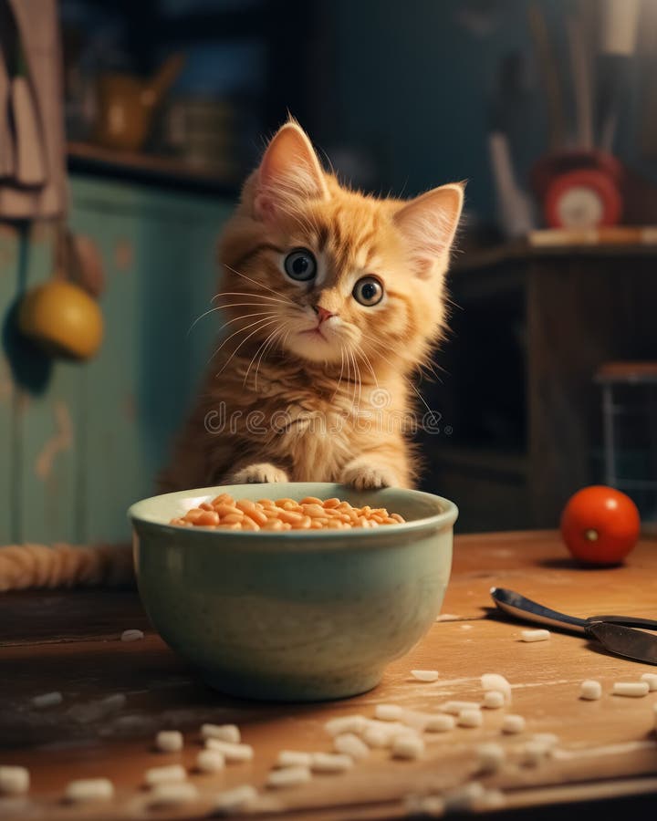 Cute Red Fluffy Kitten in the Kitchen Next To Bowl of Cereal Looking in ...