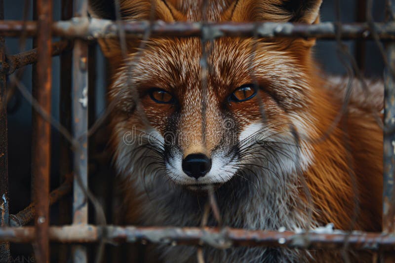 Cute Red Fox in the Cage on the Fur Farm Stock Illustration ...