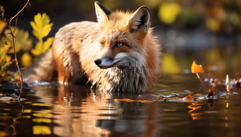 Cute Red Fox Looking at Reflection in Tranquil Pond Generated by AI ...