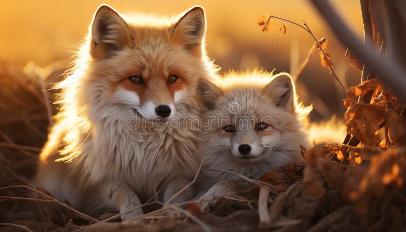 Cute Red Fox Puppy Sitting in Snowy Forest at Sunset Generated by AI ...
