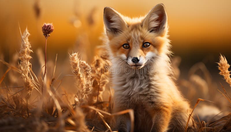 Cute Red Fox Sitting in Grass, Looking at Camera Generated by AI Stock ...