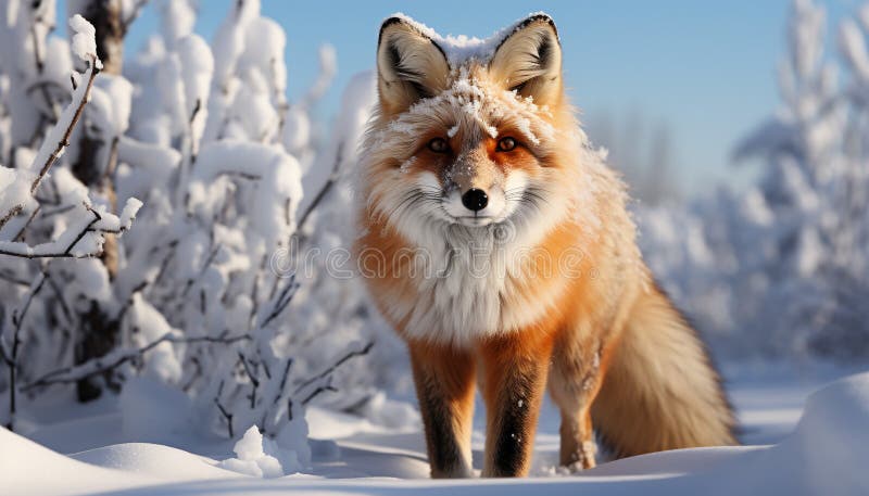 Cute Red Fox Sitting in Snow, Looking at Camera Generated by AI Stock ...