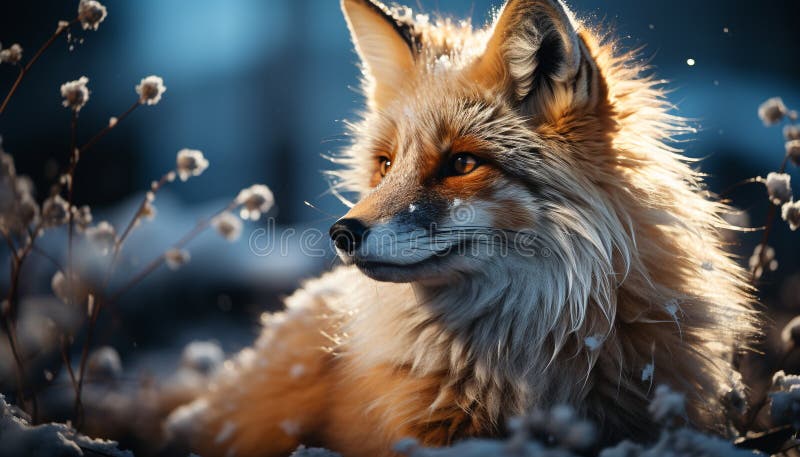 Cute Red Fox Sitting in Snow, Looking at Camera Generated by AI Stock ...